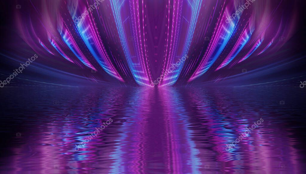 Fondo futurista de neón abstracto. Distorsión de los rayos de luz ...