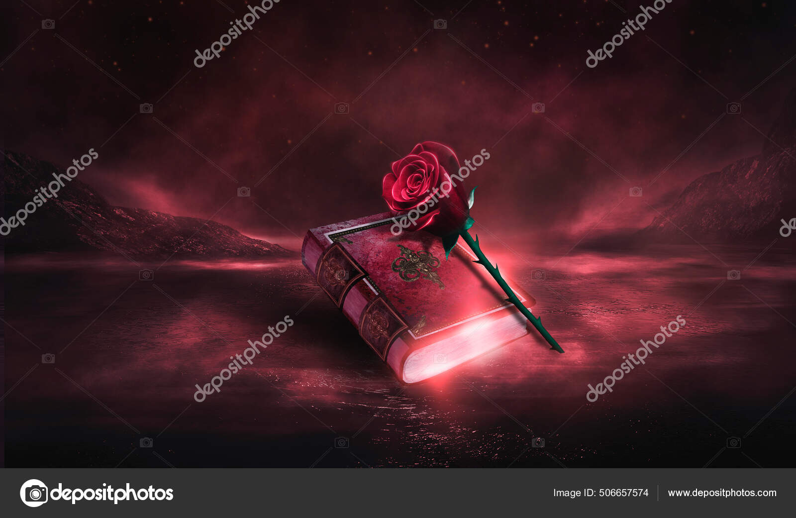 Fantasy Magic Dark Red Background Night Landscape Red Rose Old Stock ...
