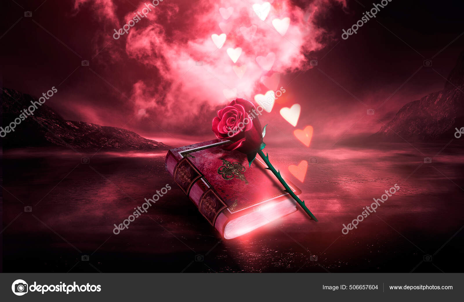 Fantasy Magic Dark Red Background Night Landscape Red Rose Old Stock ...