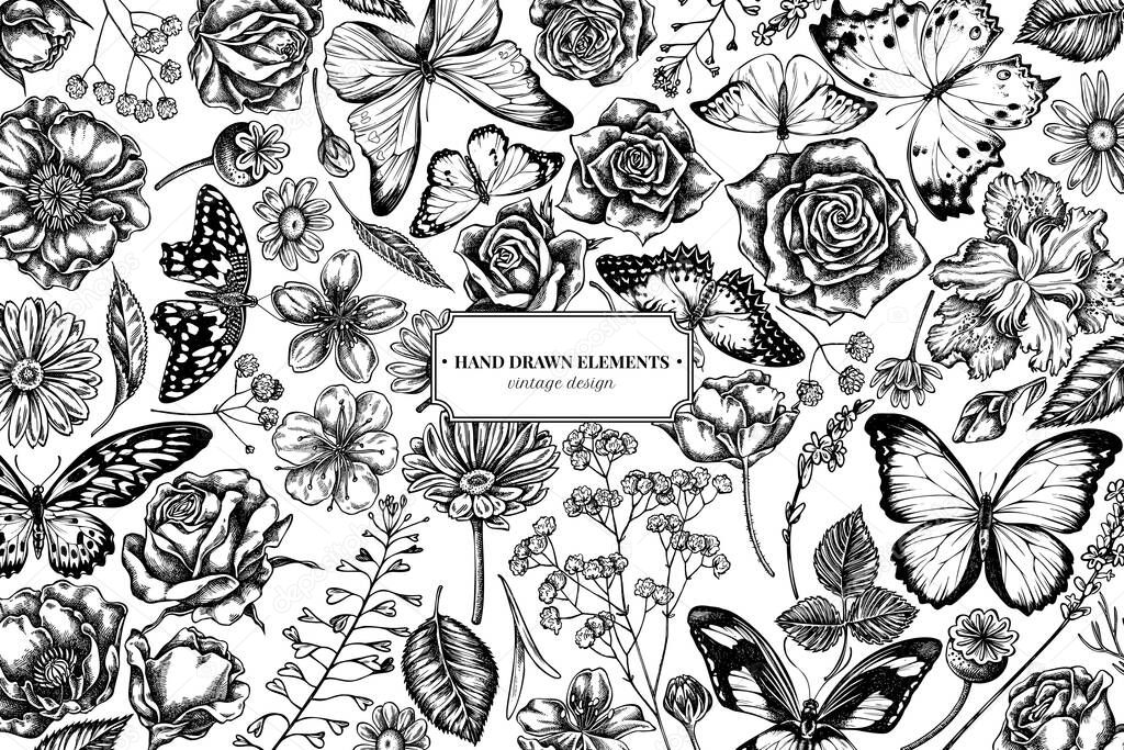 Diseño floral con monedero de pastor blanco y negro, brezo, iris ...