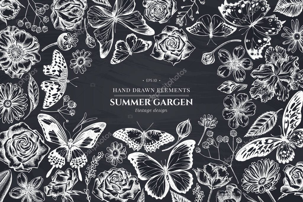 Diseño floral con monedero de pastor de tiza, brezo, iris japonica ...