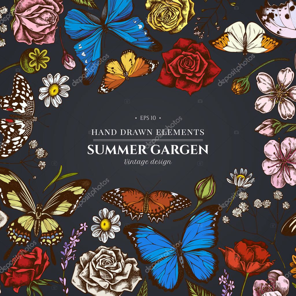 Dise o floral sobre fondo oscuro con monedero de pastor, brezo, iris ...