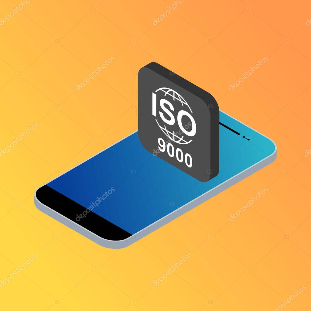 Iso 9000 icono isométrico. Símbolo de calidad estándar. Signo de botón ...