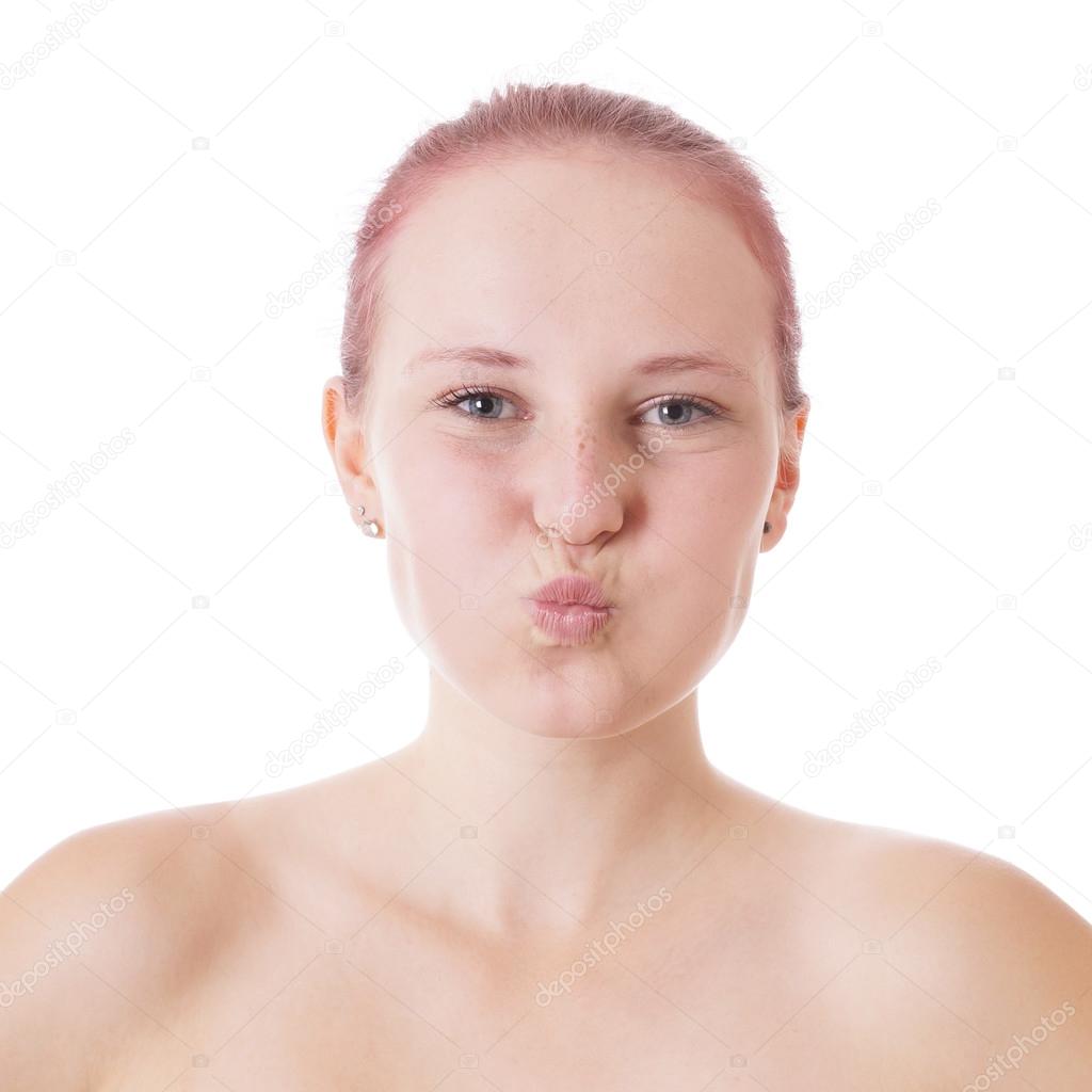 Young woman with puffed cheeks — Stock Photo © buecax #56811247
