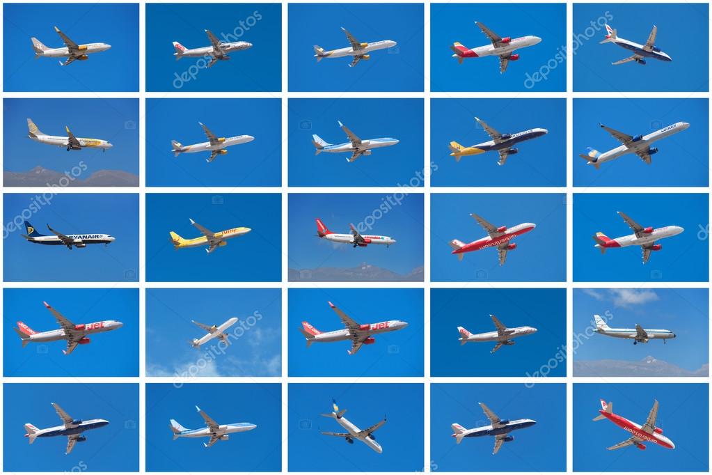 Set of different airplanes, from different airlines such as Ryanair ...