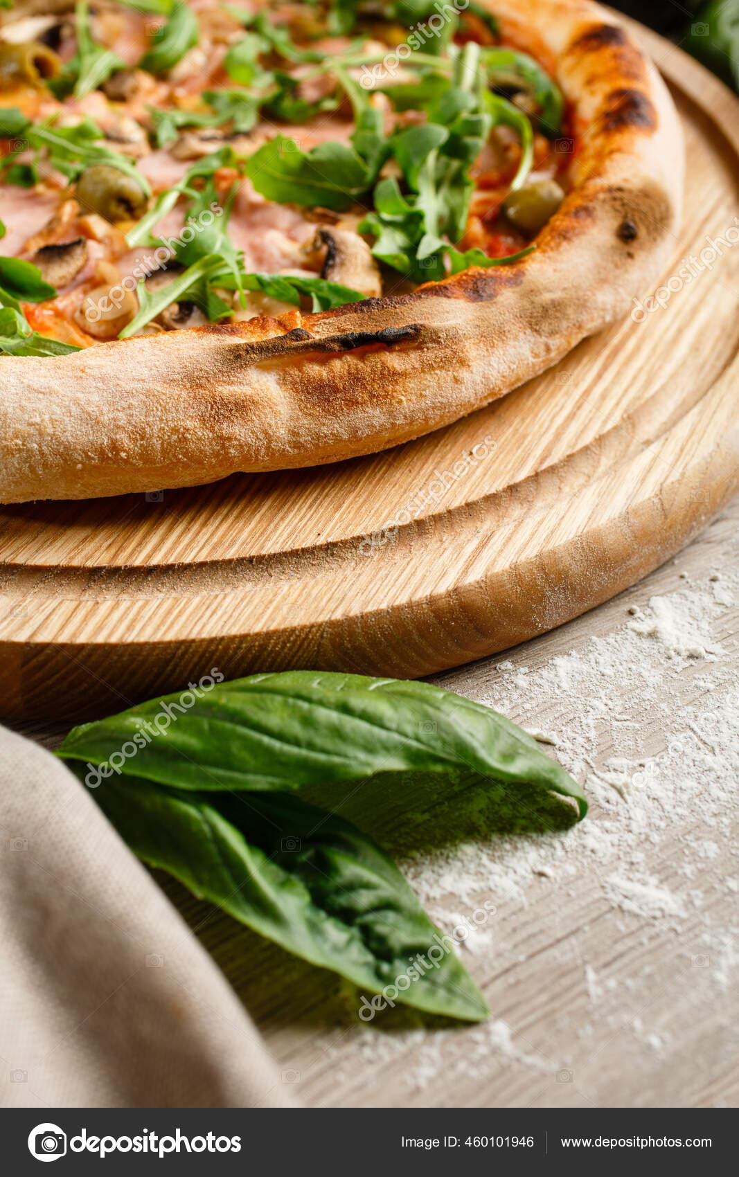 Crispy Crust Italian Pizza Close Basil Leaves Front Fragrant Pizza ...
