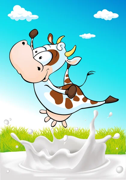 Design with crazy cow jumping over milk splash - vector cartoon Stock ...