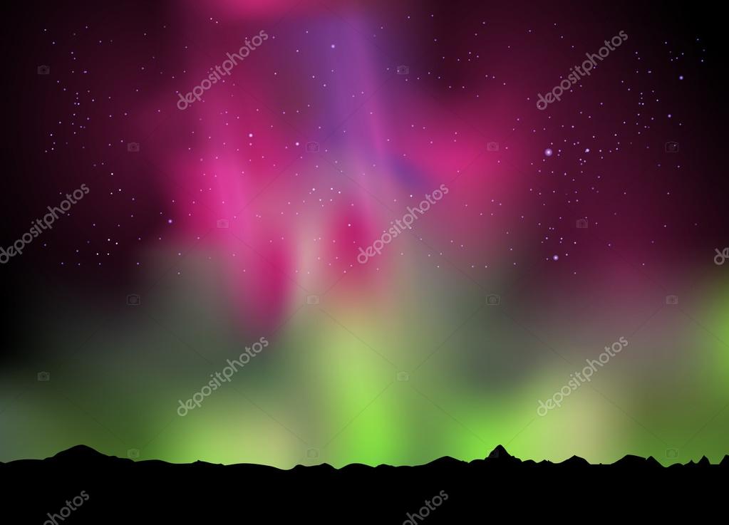 Vector illustration of the northern lights aurora in the sky, easy all ...