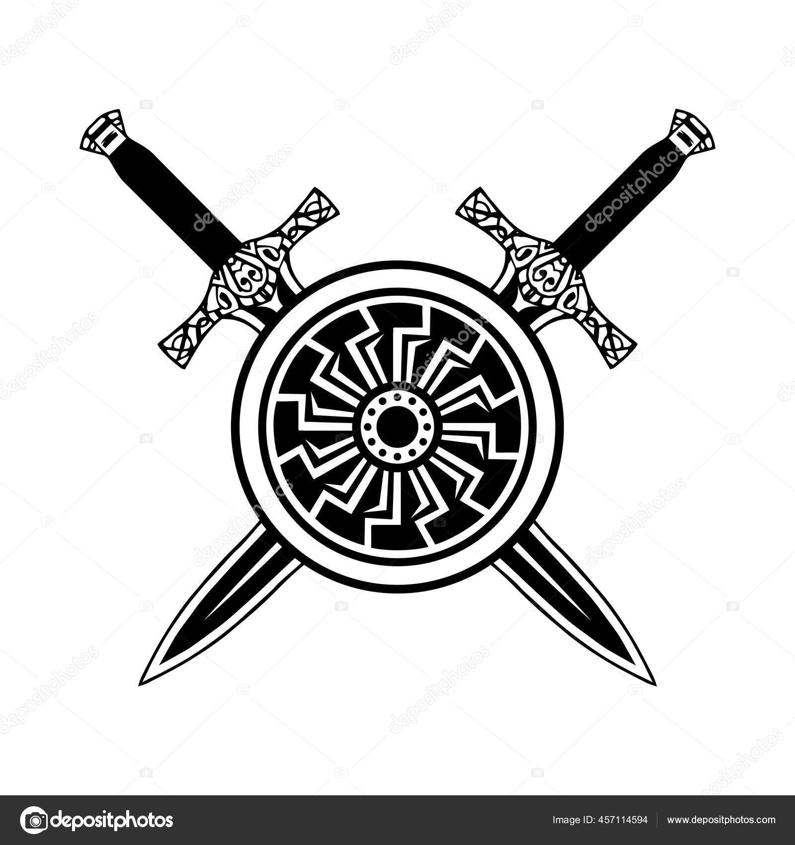 Sword Shield Tattoo Viking Set Celtic Knightly Emblem Logo Print Stock ...