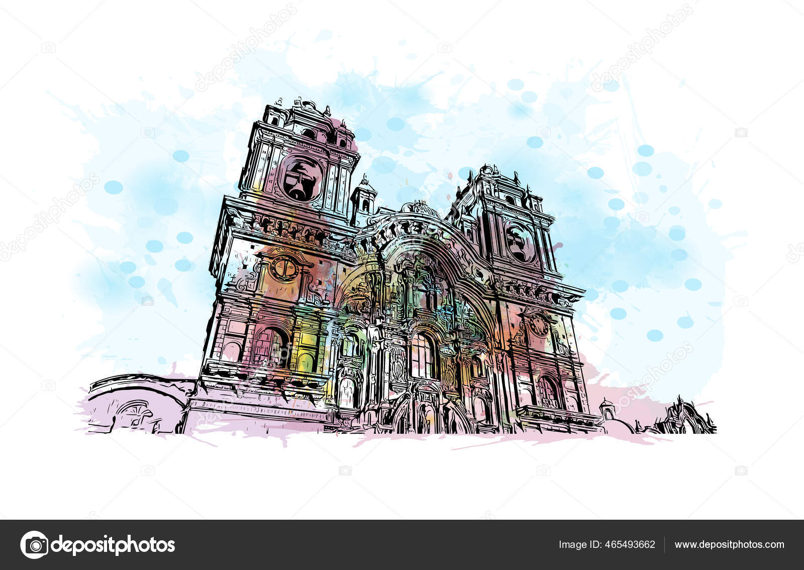 Print Building View Landmark Cusco City Peru Watercolour Splash Hand ...