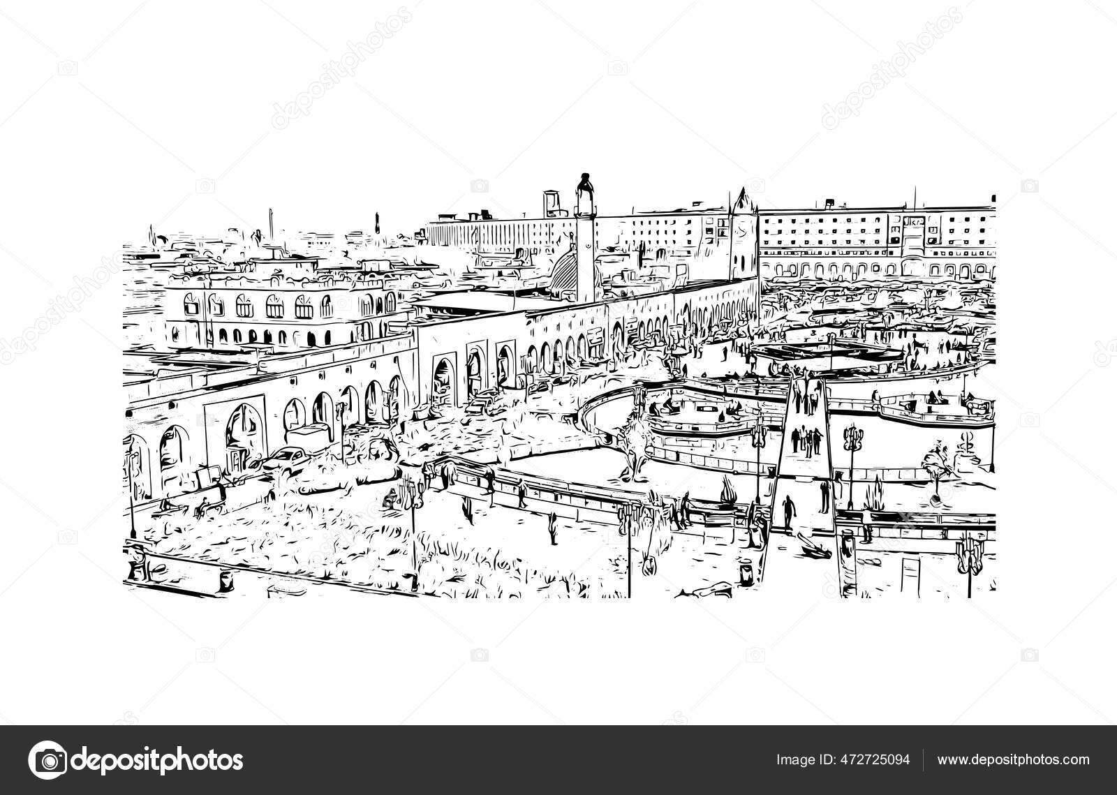 Print Building View Landmark Erbil Capital Iraqi Kurdistan Hand Drawn ...