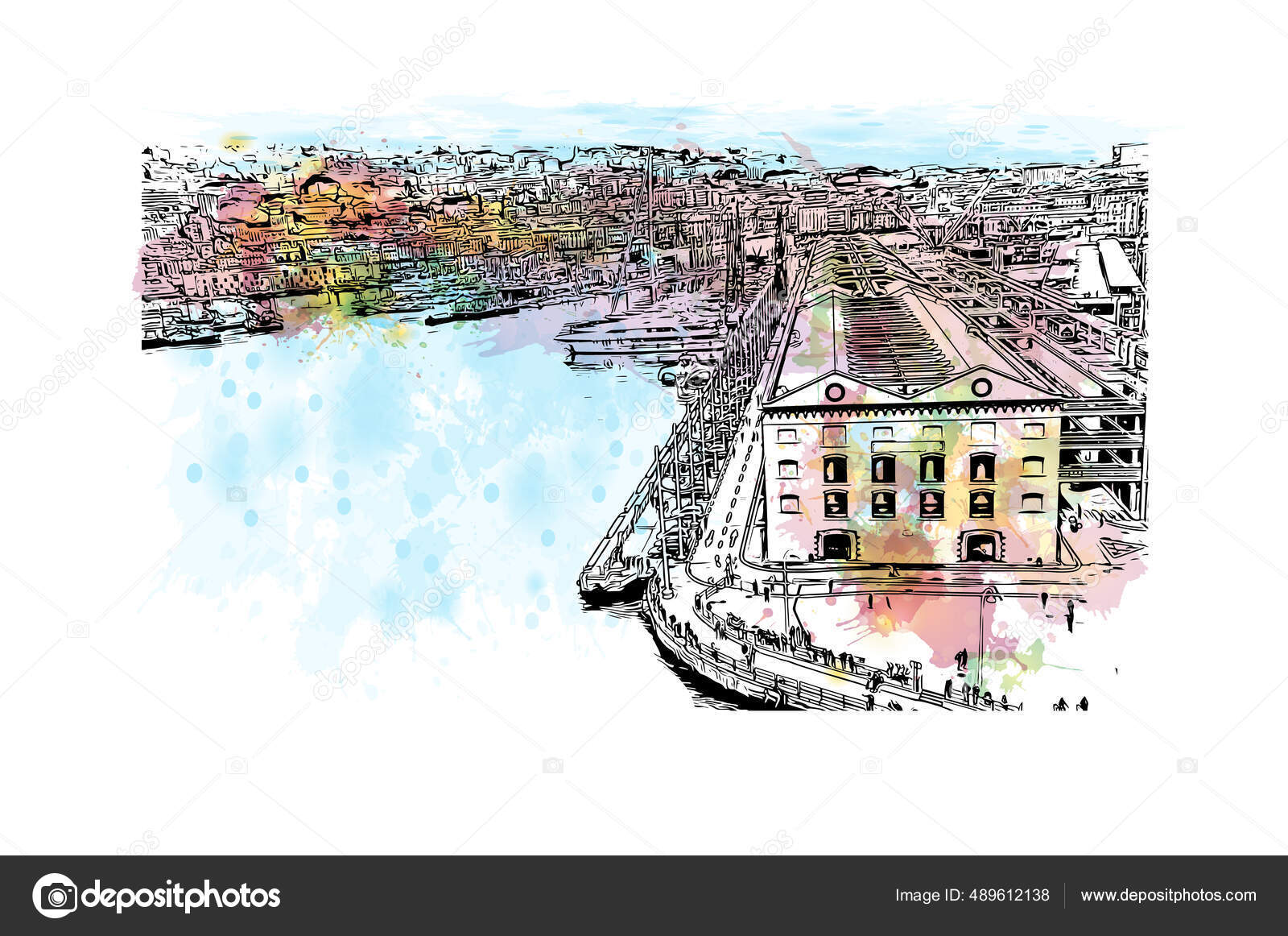 Print Building View Landmark Genoa City Italy Watercolor Splash Hand ...
