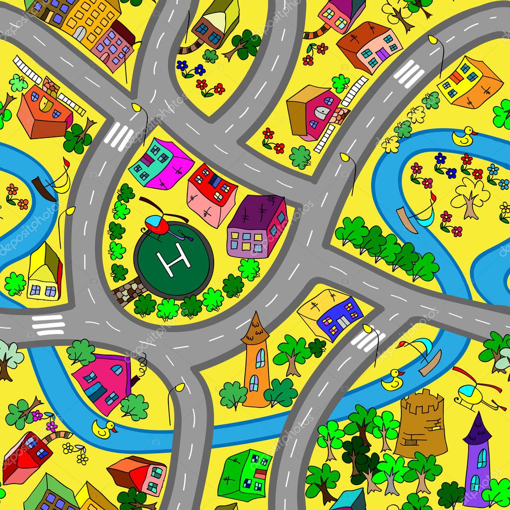 Cartoon map seamless pattern. (roads, cars and houses) Stock ...