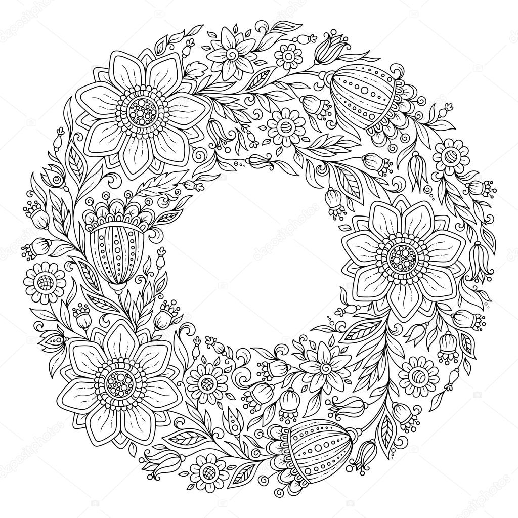Corona de flores. Libro para colorear página para adultos. Raster. Obra ...