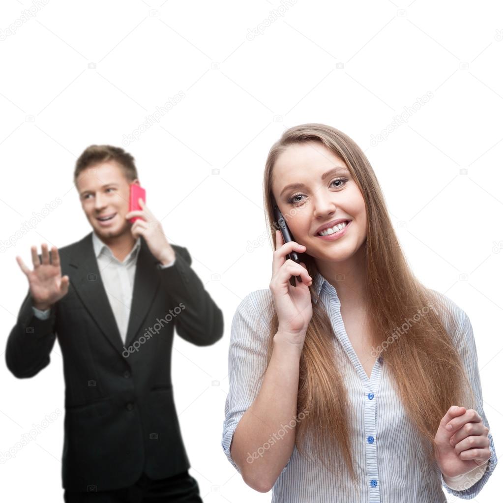 Happy smiling business people calling by mobile telephone — Stock Photo ...