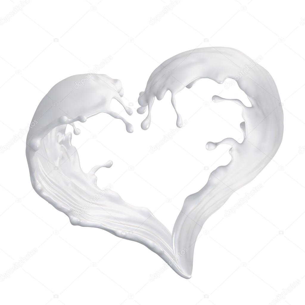 Milk splash, milky wave heart shape, 3d illustration isolated on white ...
