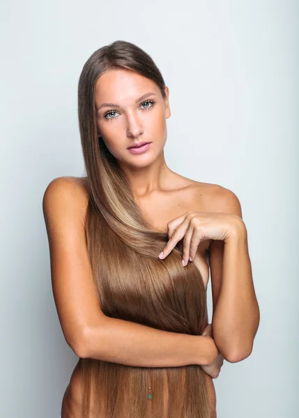 Portrait Naked Woman Long Hair Looking Camera Isolated White Background