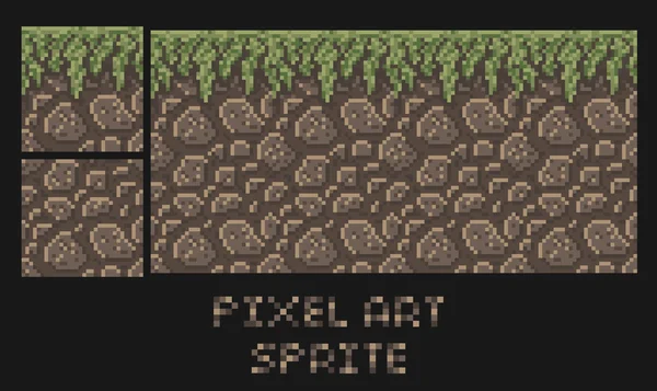 Ilustrasi seni vektor pixel sprite - tanah batu dengan tekstur rumput ...