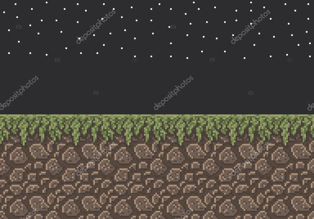Ilustrasi seni vektor pixel sprite - tanah batu dengan tekstur rumput ...