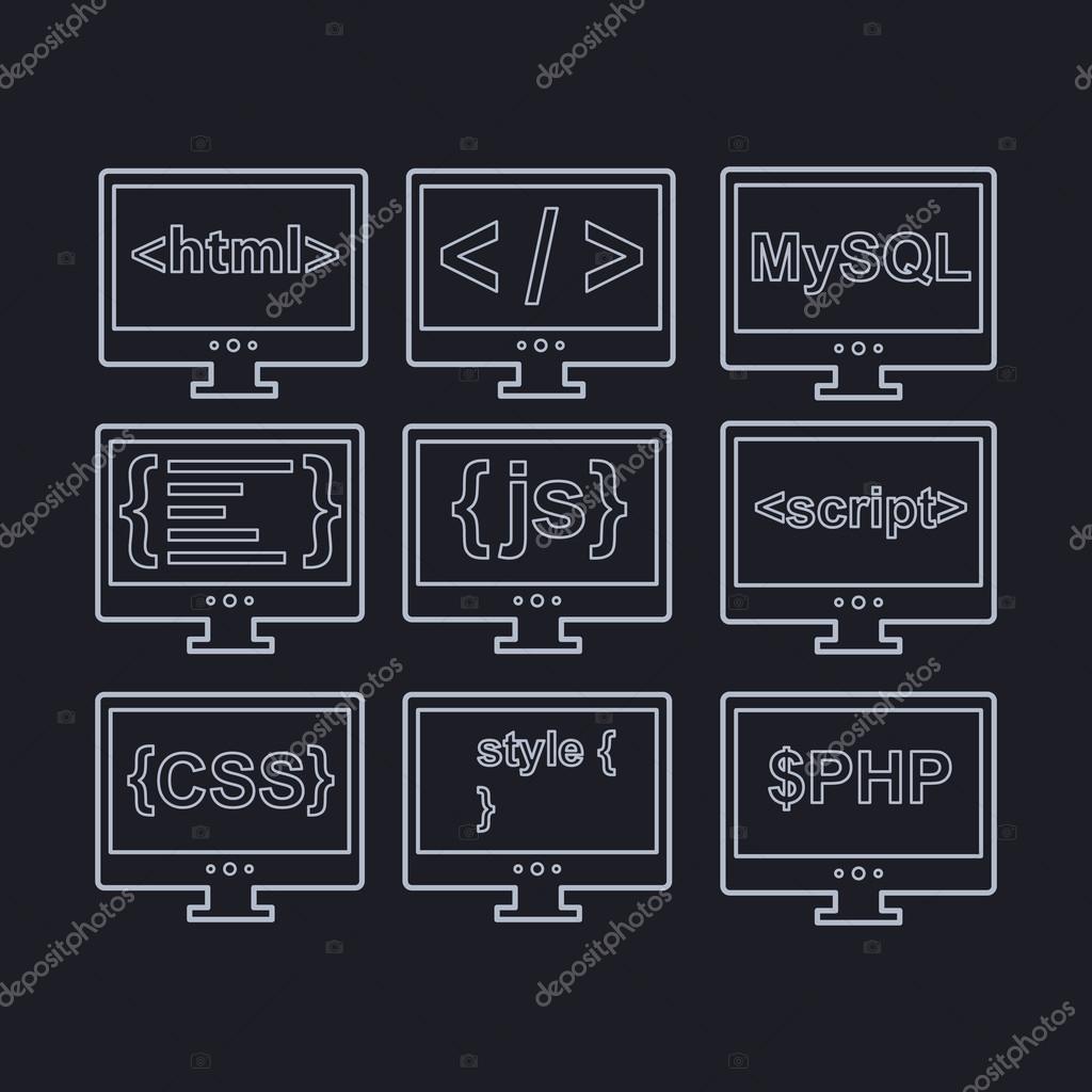웹 개발 아이콘 Html Css 태그 Mysql 곡선 Php는 스크립트 스타일 자바 스크립트의 벡터 컬렉션 — 스톡 벡터 © Gdaintic 61896239