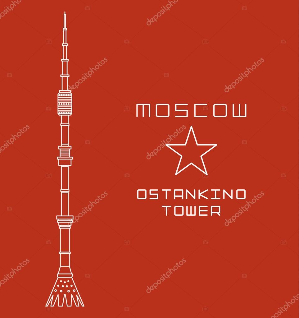 Simple flat line drawn vector illustration - moscow ostankino tower ...