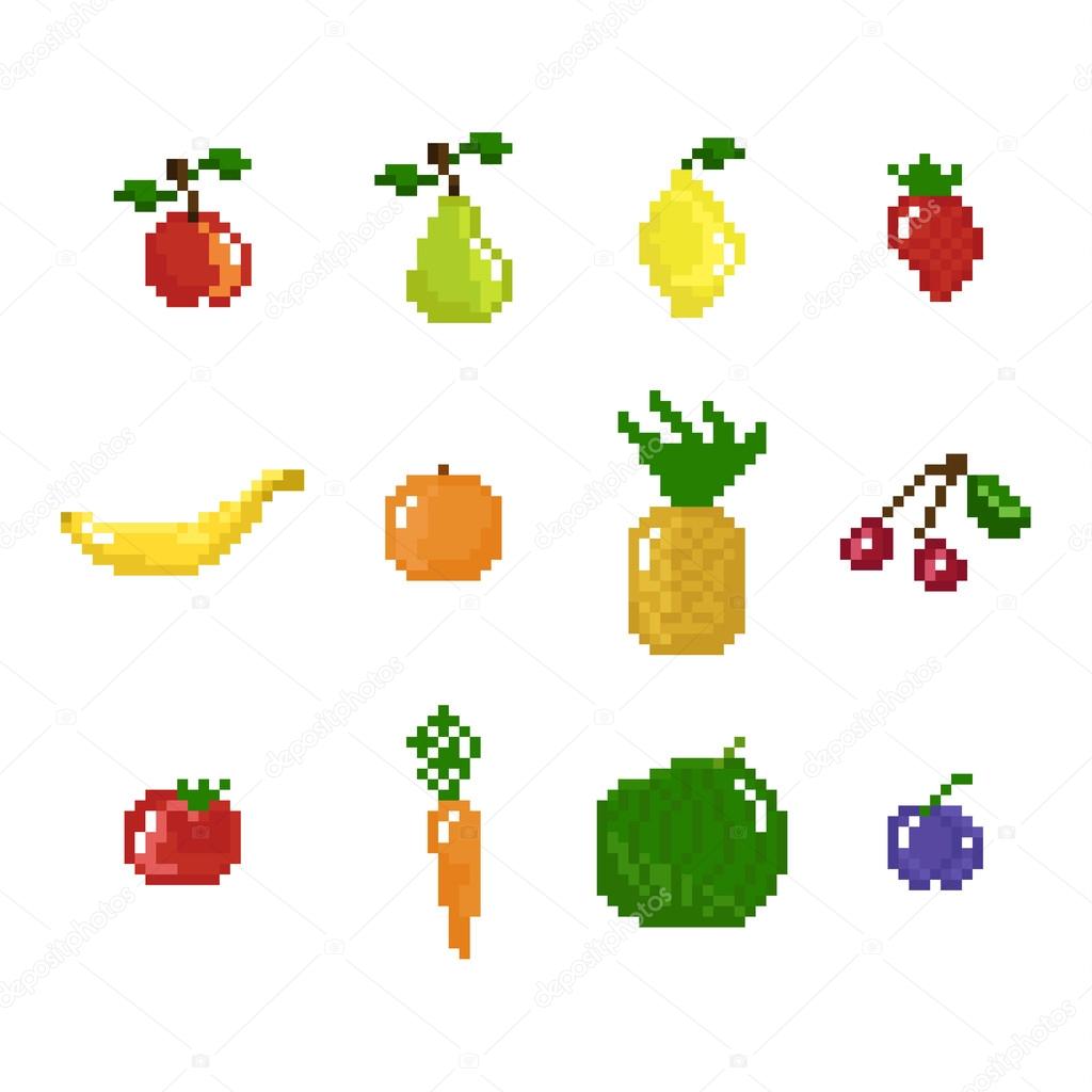 Pixel arte estilo frutas, legumes e bagas coleção imagem vetorial de ...