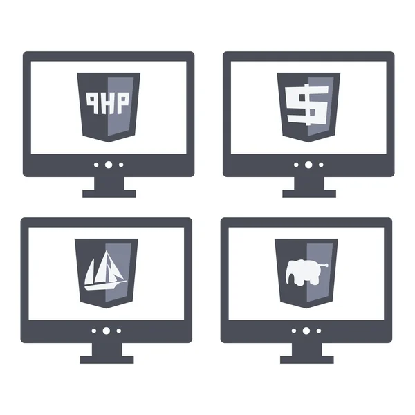 Web development icon set - laptop screen shows internet html tags css ...