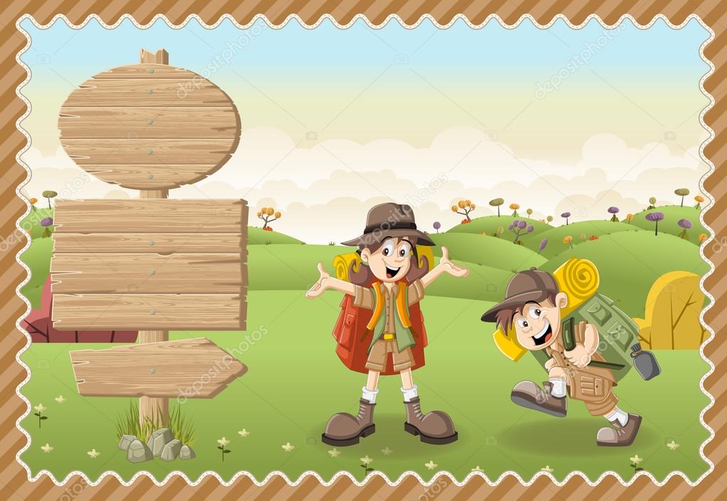 Cute cartoon kids in explorer outfit on a green park. Stock ...