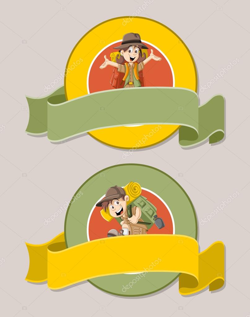 Vector banners and labels backgrounds with cartoon kids in explorer ...