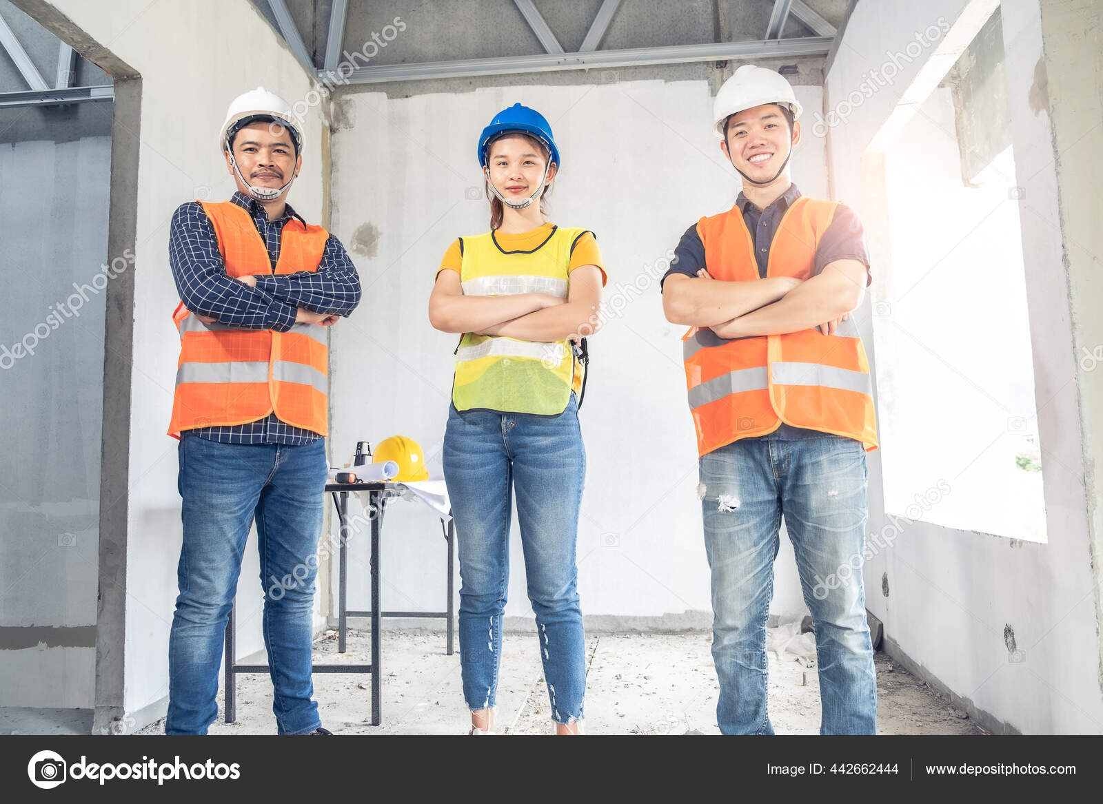 Young Asian Couple Checking House Foreman Engineering Home Inspection ...