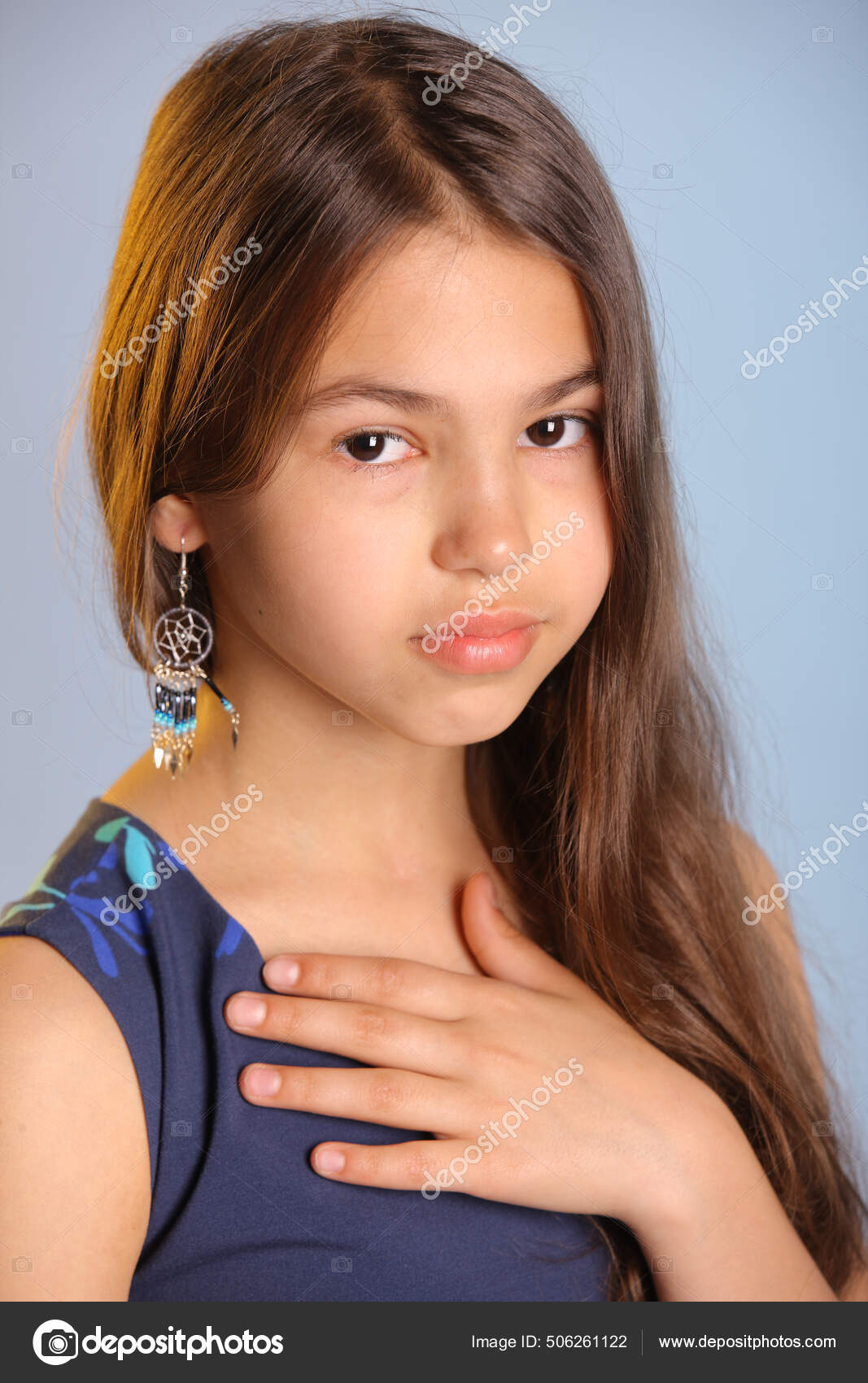 Close Portrait Hand Face Portrait Shows Beautiful Dark Haired Teenage
