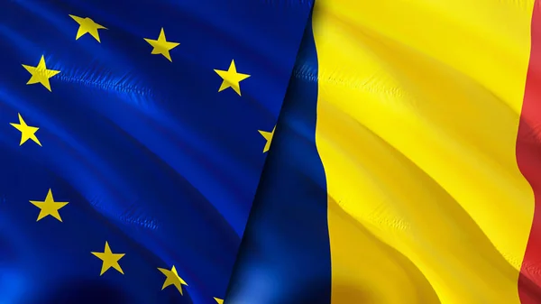 European Union and Chad flags. 3D Waving flag design. European Union ...