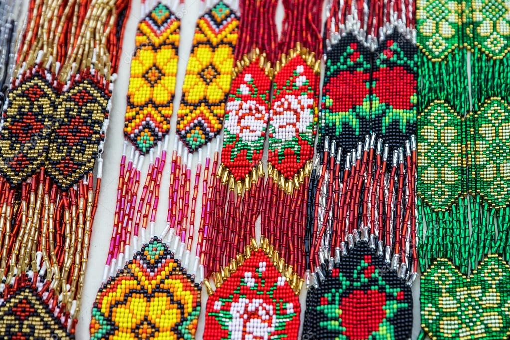 Bead necklaces display, Ukrainian ornamental decoration, Ukraine Stock ...
