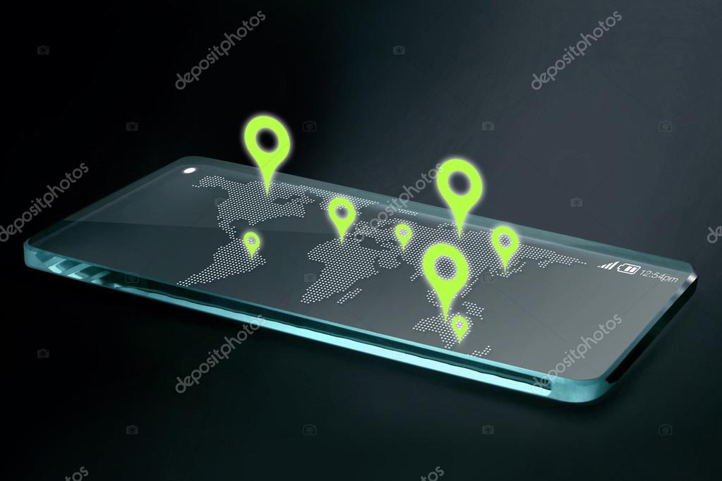 Map and navigation icons on transparent smartphone screen Stock Photo ...