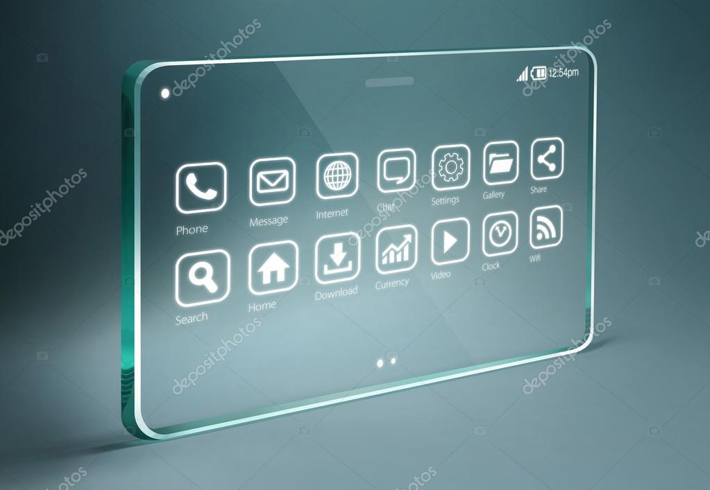 Transparent tablet with apps icons on bue background Stock Photo by ...