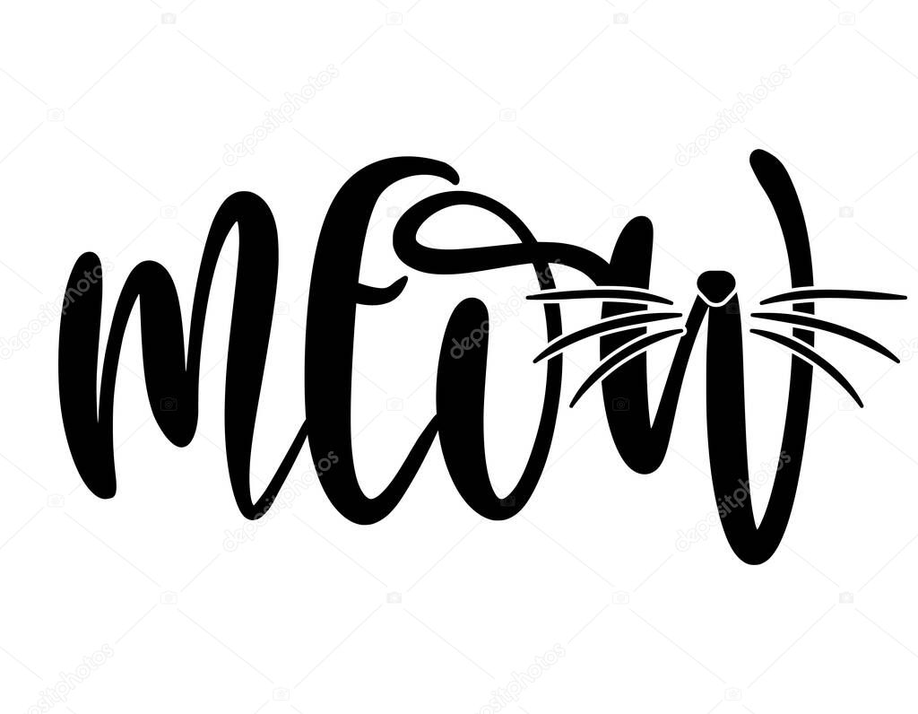 Meow - palabras con bigote de gato. - vector mascota divertida diciendo ...