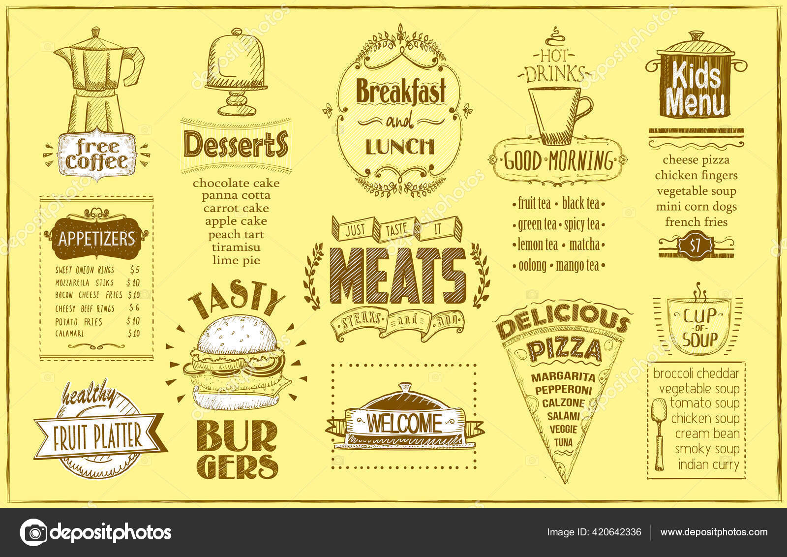 Staré Menu Fast Food Pizza Masové Menu Hamburgery Předkrmy Ovocné Stock ...