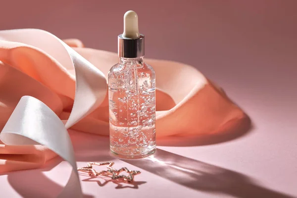 Aging Serum Glass Bottle Pink Background Silk Scarf White Satin — Stock ...