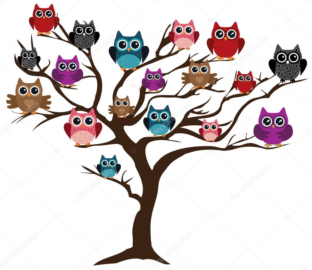 Cartoon Owls In Trees