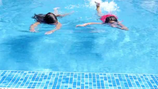 Two little girls in swimsuit coming out of a pool — Stock Video ...