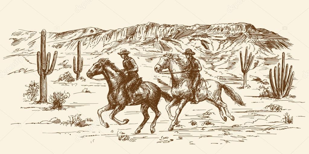 American wild west desert with cowboys - hand drawn illustration Stock ...