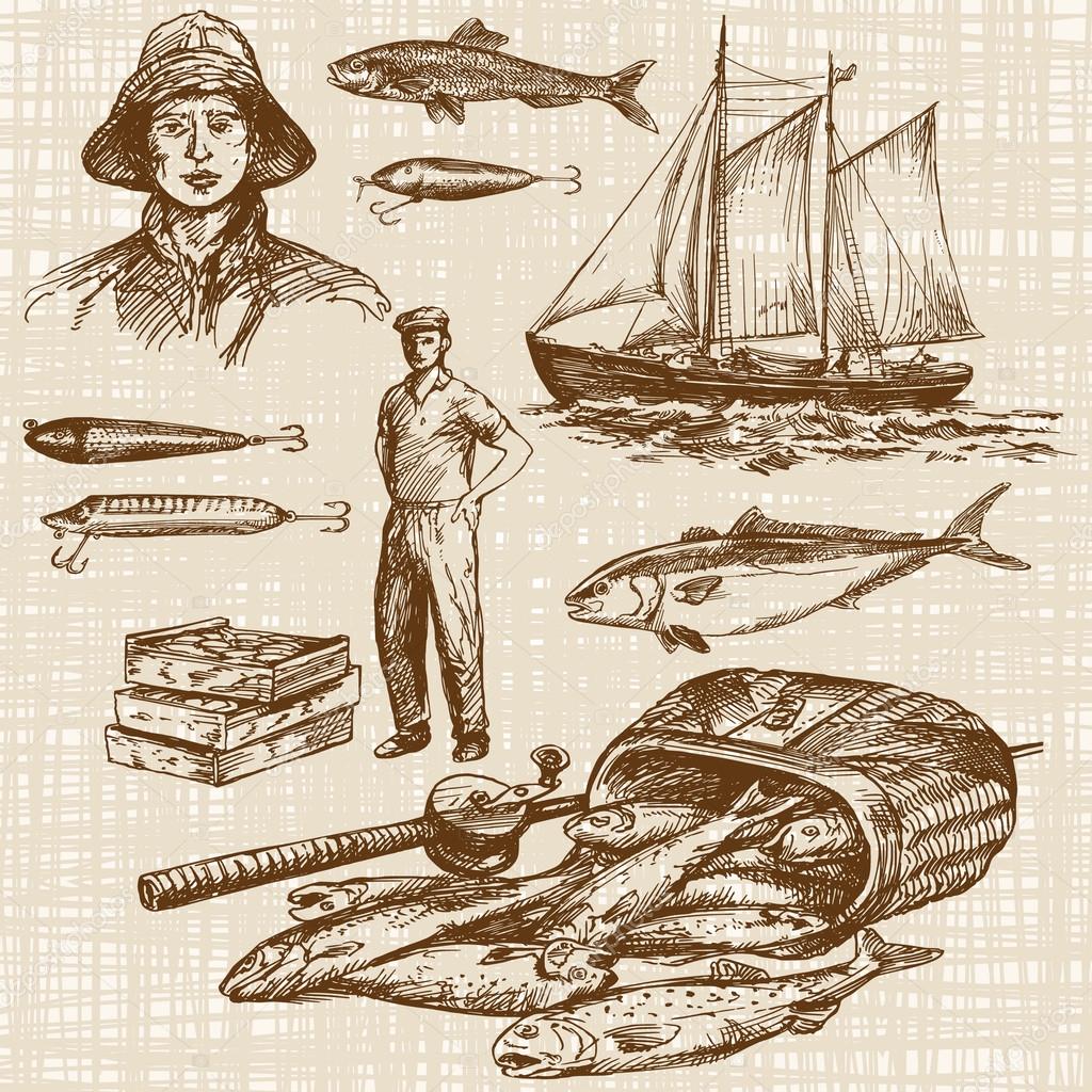 Fishing. Hand drawn set. Stock Vector by ©canicula 105714436