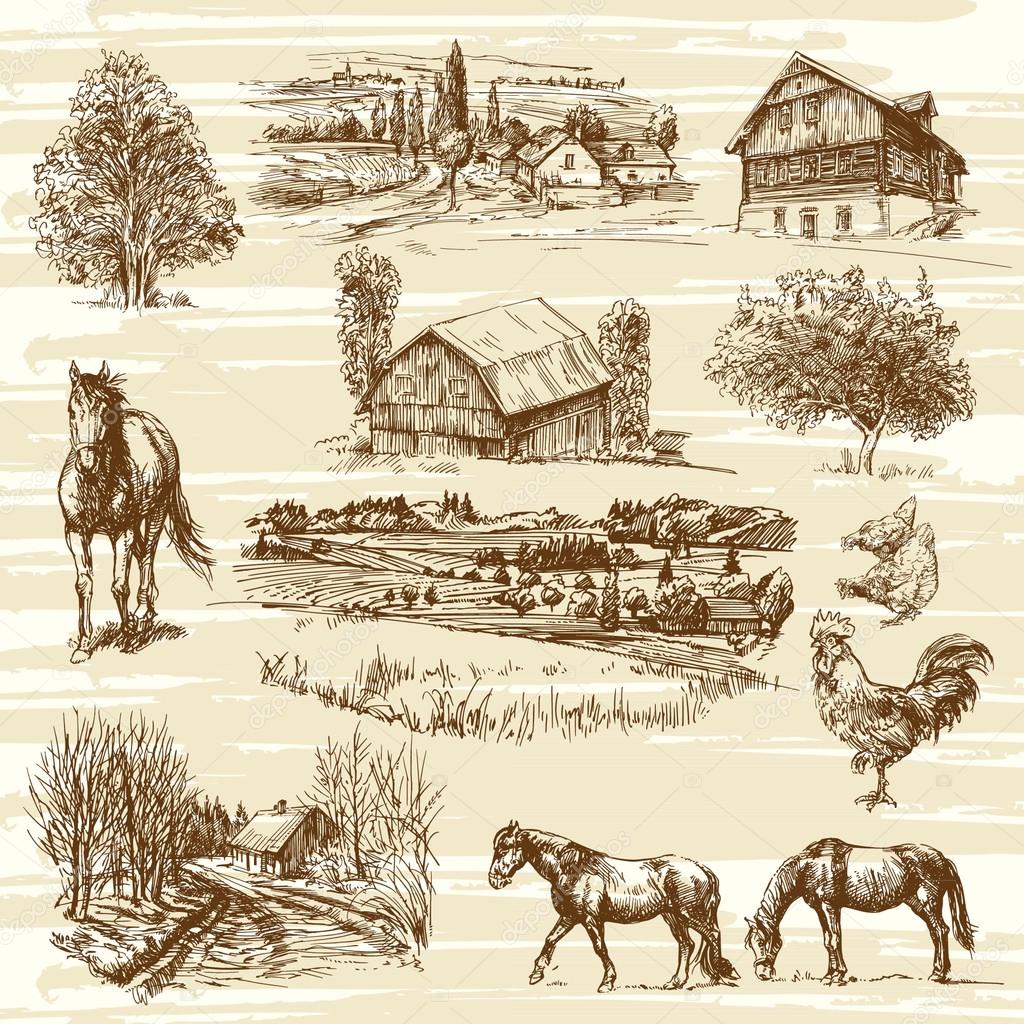 Rural landscape and houses - hand drawn collection Stock Vector by ...