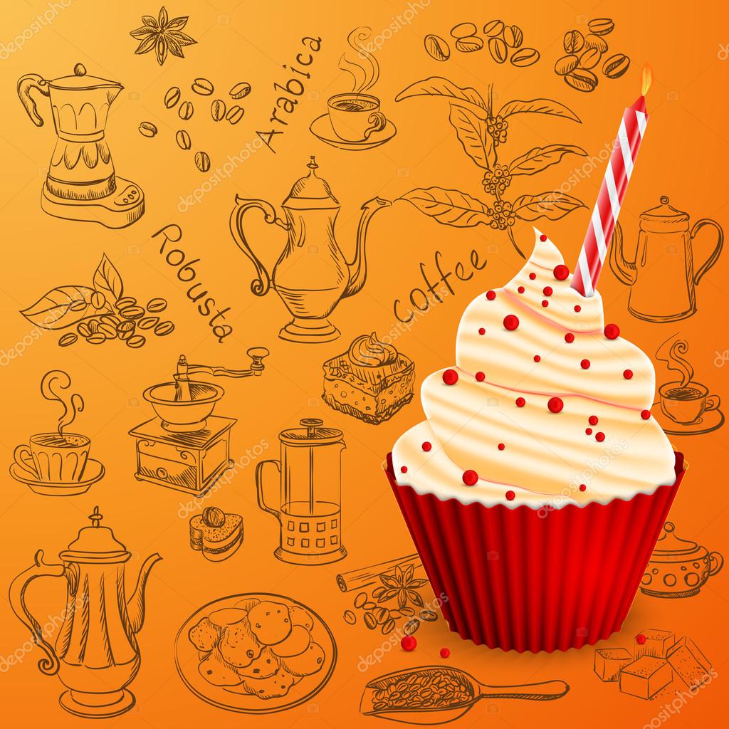 Hand drawn coffee collection with Birthday cake Stock Vector Image by ...