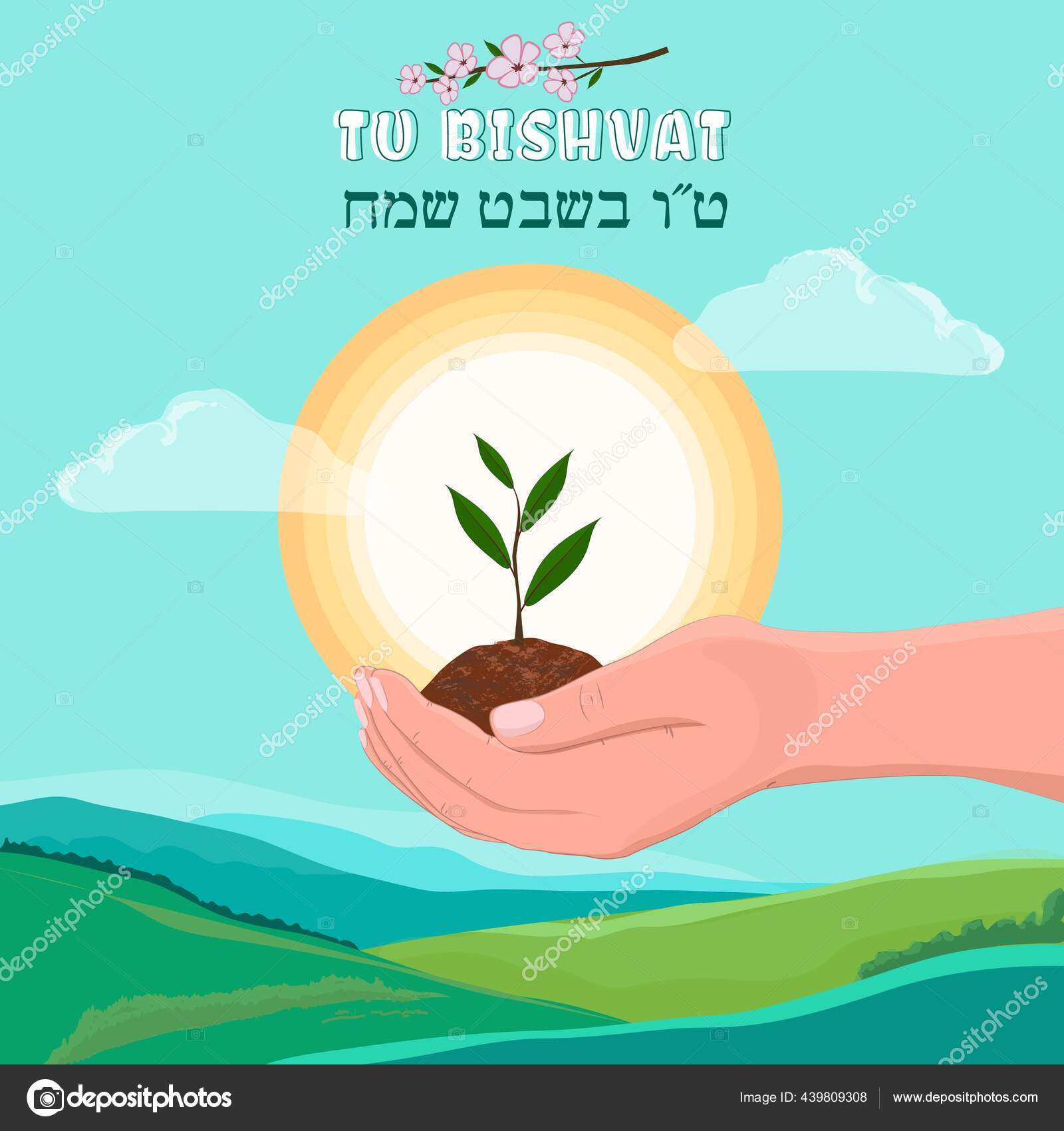 Hands holding growth Plant on green field landscape background. Tu ...