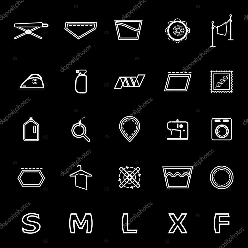 Cloth care sign and symbol line icons on black — Stock Vector ...
