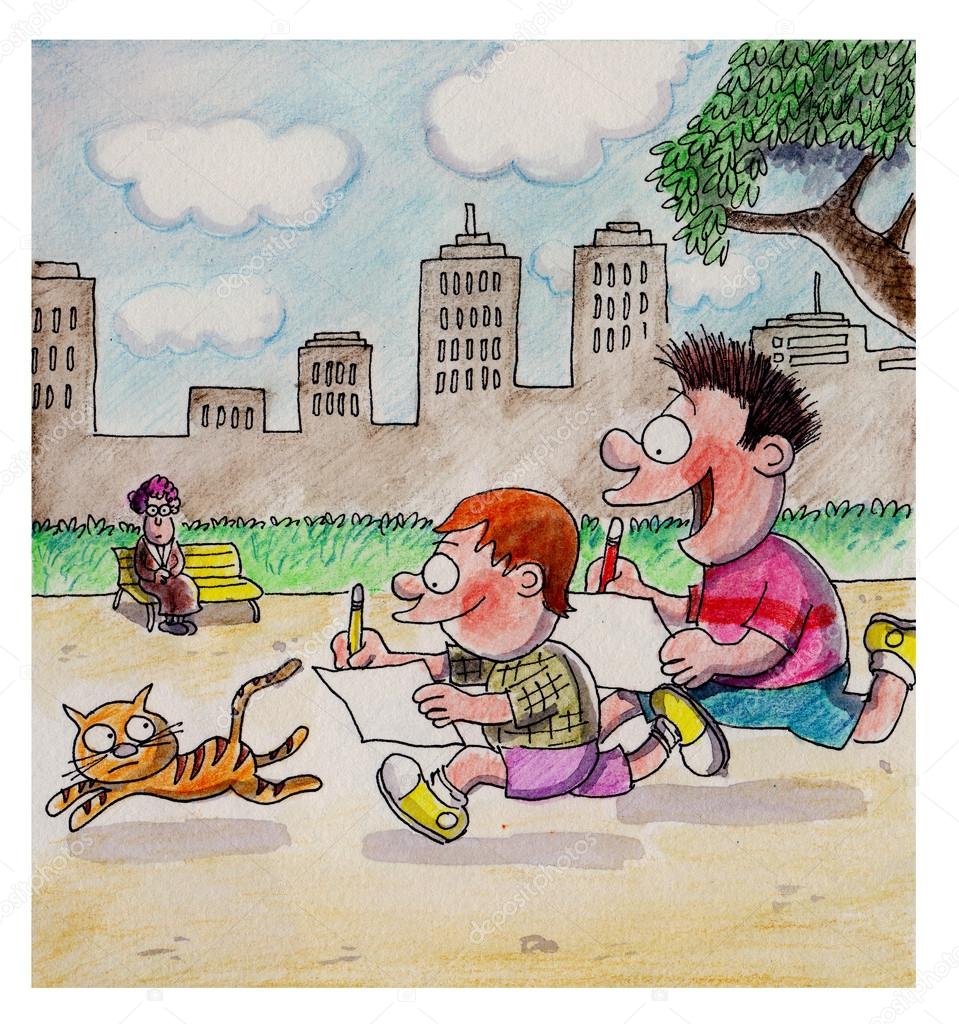 Boys are chasing and drawing a cat Stock Illustration by ©artistan ...