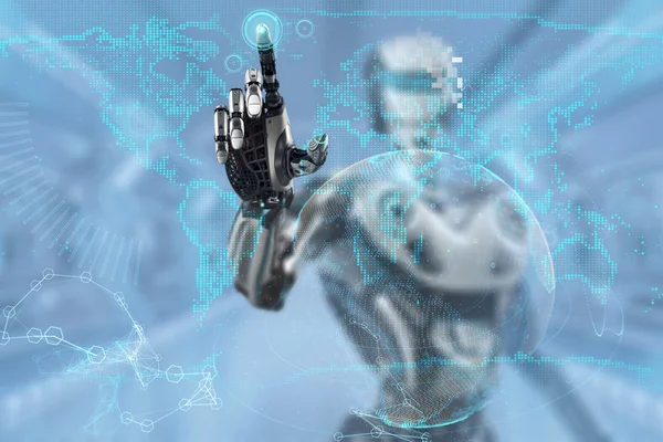 A Robot Working With Virtual Interface in Futuristic Background Stock ...