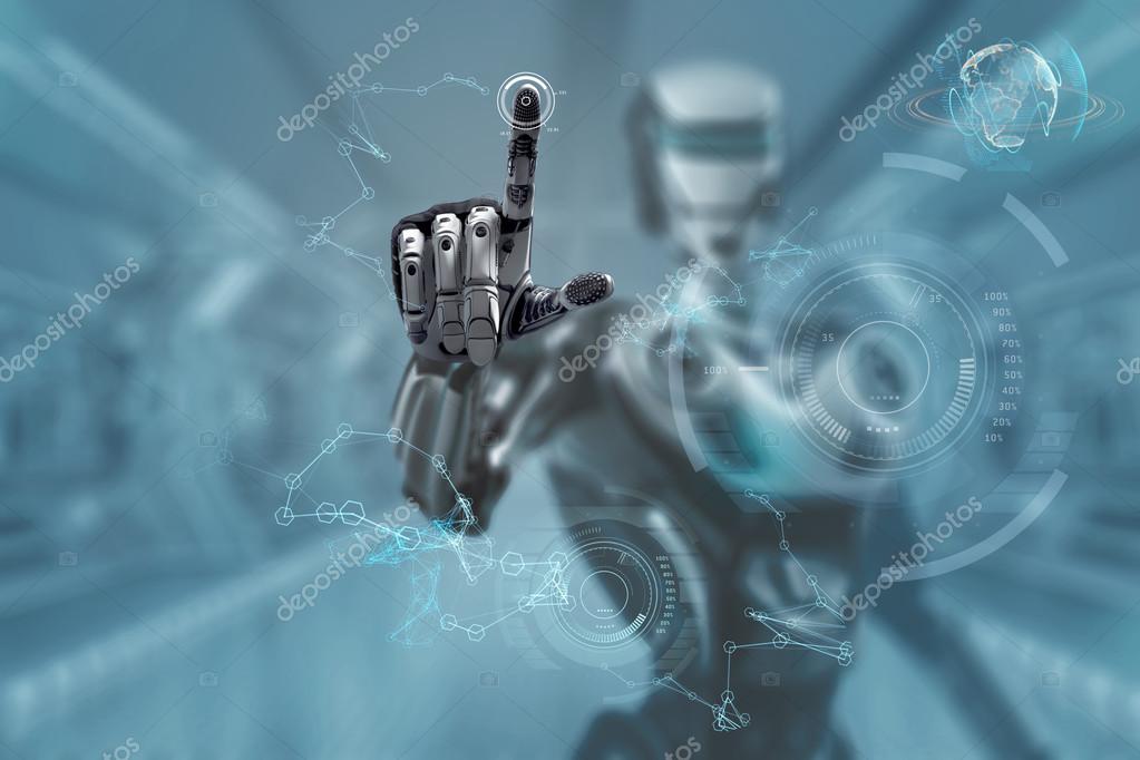 A Robot Working With Virtual Interface in Futuristic Background Stock ...