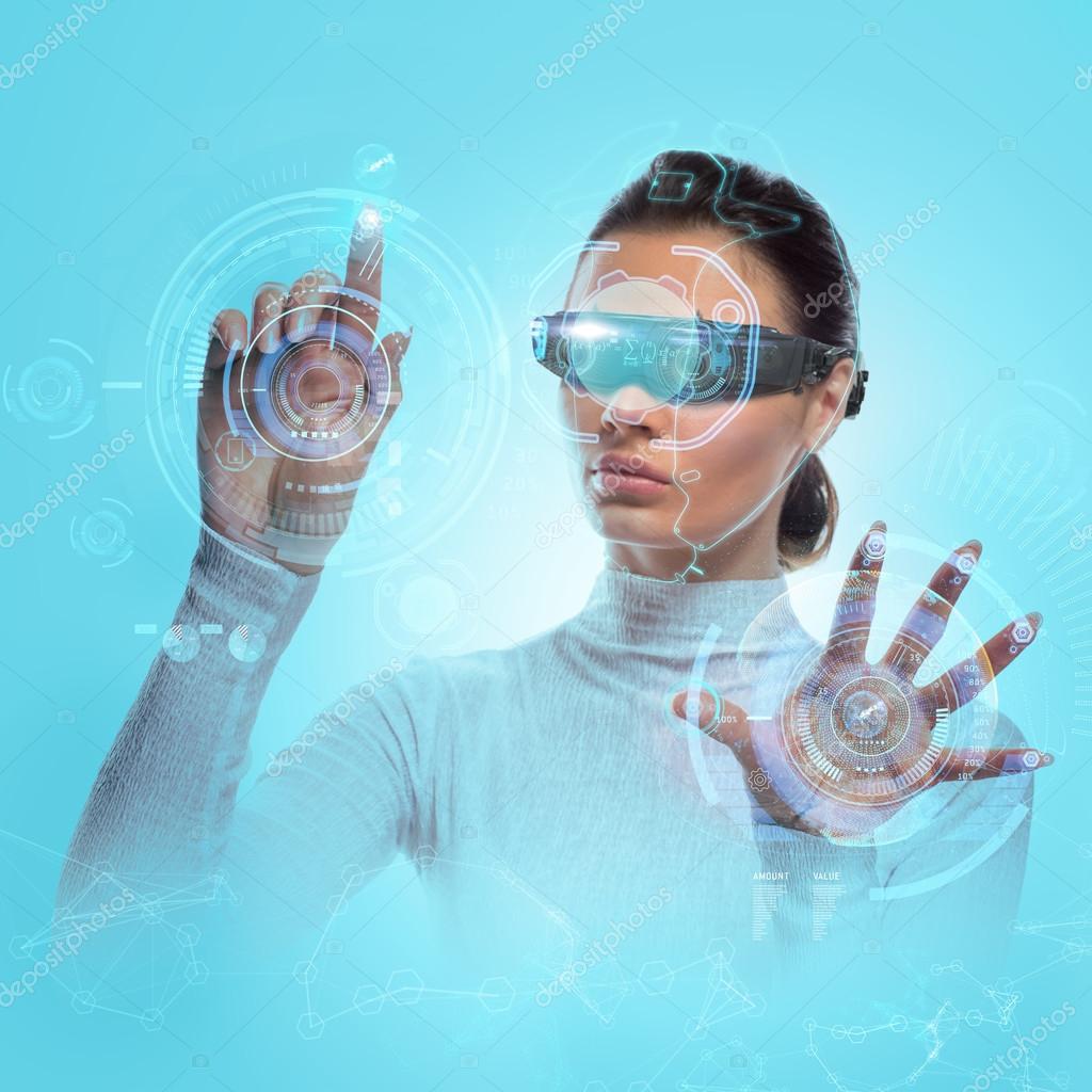 Hi-tech Girl touching screen Stock Photo by ©vitaliy_sokol 71500239